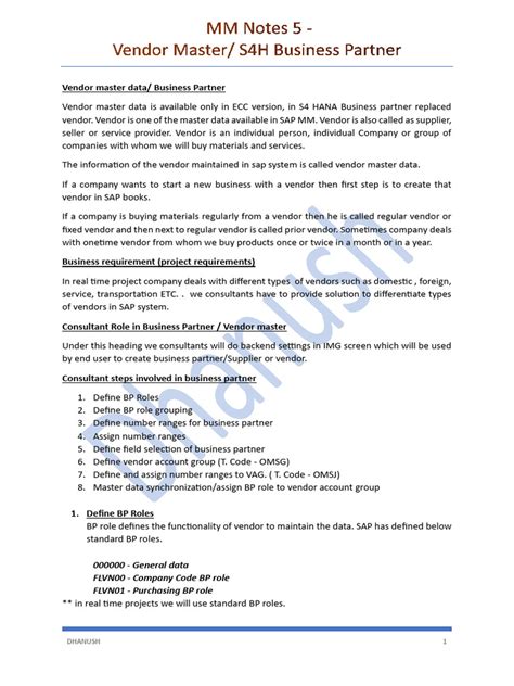 Notes 5 Vendor Master S4h Business Partner Pdf Computing Business