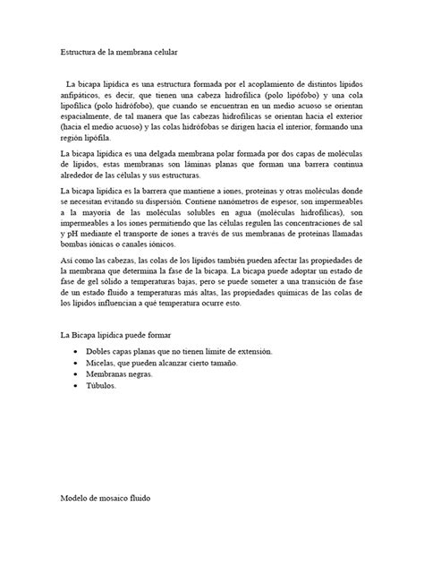 Estructura De La Membrana Celular Pdf Bicapa Lipídica Membrana