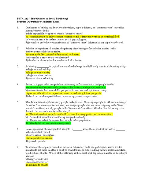 Practice Midterm PSYC Introduction To Social Psychology Practice Questions For