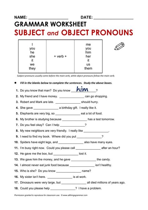 Subject And Object Pronouns Worksheet Live Worksheets