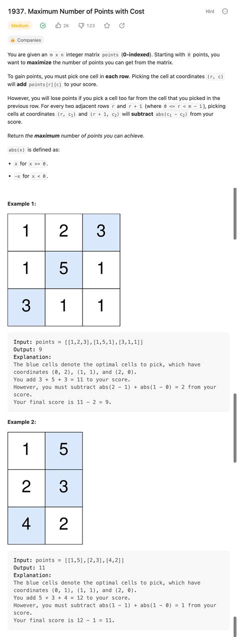 Leetcode 1937 Maximum Number Of Points With Cost