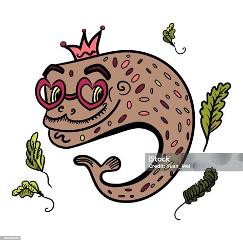 심장의 모양에 안경 물고기의 만화 그림 그의 머리에 왕관과 함께 물고기 물고기는 해 초 사이에서 아무것도 발렌타인의 하루입니다 사랑의 달콤한 느낌입니다 그림 엽서나 포스터