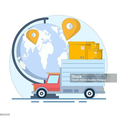 글로벌 배송 개념 전 세계 수출 연결 위치 아이콘과 배송 트럭이 있는 지구본 국제 유통 및 글로벌 배송 서비스 벡터 일러스트 레이 션 디자인 공연에 대한 스톡 벡터 아트 및