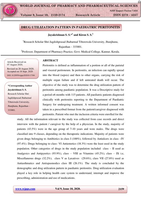 Pdf Drug Utilization Pattern In Paediatric Peritonitis
