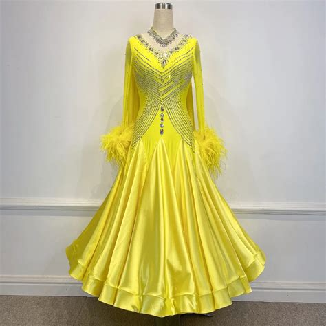 Peidance 맞춤형 노란색 현대 무용복 볼룸 댄스 드레스 왈츠 탱고 댄스 의상 타조 깃털 새로운 디자인 Aliexpress