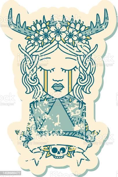 슬픈 엘프 드루이드 캐릭터 얼굴 자연스러운 D20 롤 일러스트 레이 션 굴리기에 대한 스톡 벡터 아트 및 기타 이미지 굴리기