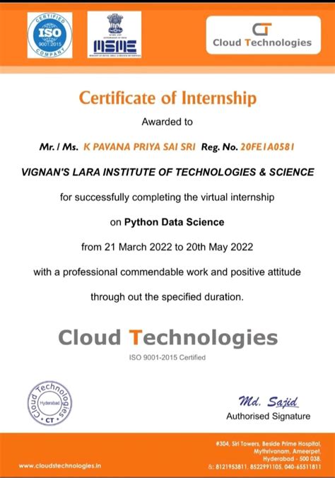 K Pavana Priya Sai Sri On Linkedin Successfully Completed The Internship On Data Science At Cloud
