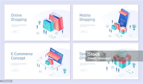 온라인 쇼핑 방문 페이지 템플릿을 설정합니다 쇼핑 전화 또는 노트북에 상점 할인 및 선물이 있는 그림 개념 웹 배너에 사용할 수 있습니다 아이소메트릭 현대 벡터 그림입니다