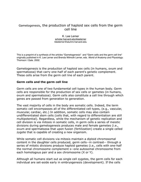 Pdf Gametogenesis The Production Of Haploid Sex Cells From The Germ