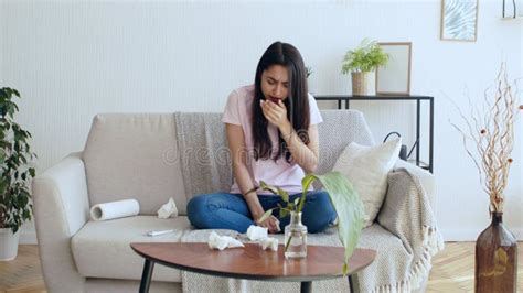 Young Woman In Home Isolation Experiences Symptoms Of Flu Or Cold Stock