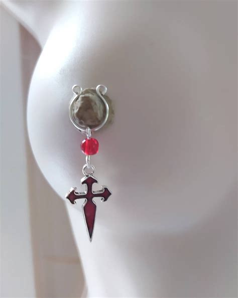 Non Piercing Nipple Rings Retro Garnet Cross Dangle Enameled Clip Ons