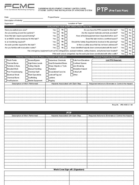 fcmc pre task plan ptp form template download free pdf