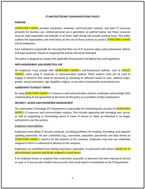 It And Electronics Communication Policy Pennsylvania Free Template