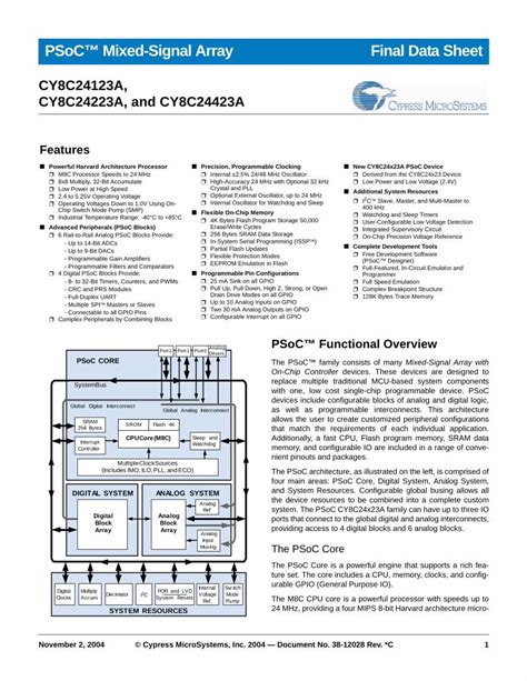 Pdf Psoc™ Mixed Signal Array Final Data Sheet · Nient Pinouts And