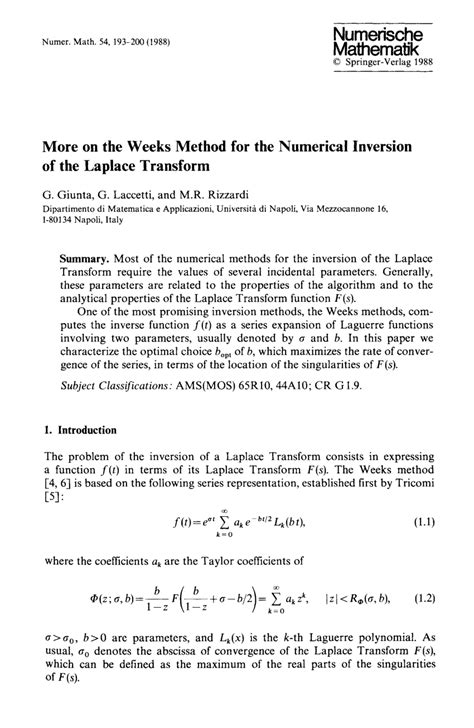 Pdf More On The Weeks Method For The Numerical Inversion Of The Laplace Transform