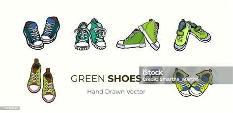 운동 화 단 화 쌍 절연 손으로 그린 된 벡터 일러스트 레이 션의 녹색 신발 세트 로고 포스터 엽서 패션 책자 전단지에 대 한