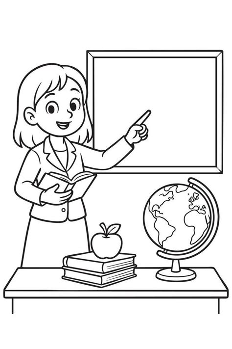 Black Outline Of Female Teacher With Book Pointing At Board Globe And