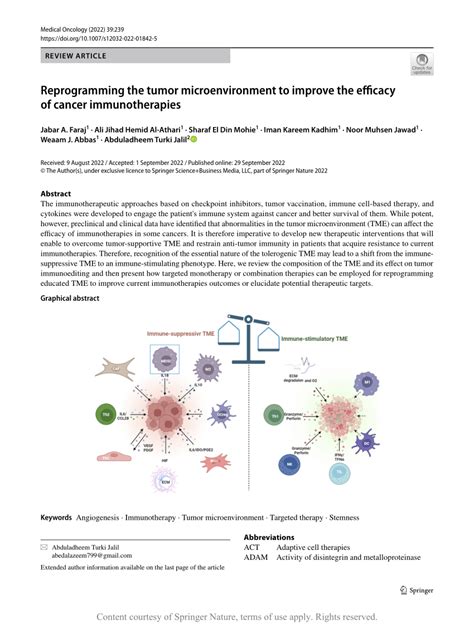 Reprogramming The Tumor Microenvironment To Improve The Efficacy Of Cancer Immunotherapies