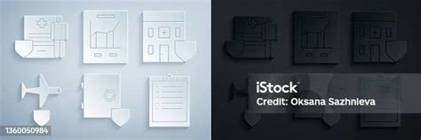 방패 의료 병원 건물 평면 클립 보드 체크리스트 문서 그래프 차트 및 클립 보드 임상 기록 아이콘으로 안전을 설정합니다 벡터 3차원 형태에 대한 스톡 벡터 아트 및 기타