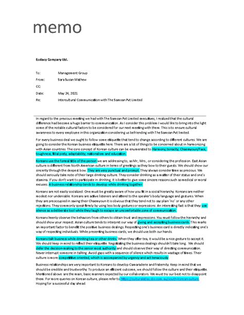 Inter Cultural Communication Memo Memo Ecstacy Company Ltd To Management Group From Sara