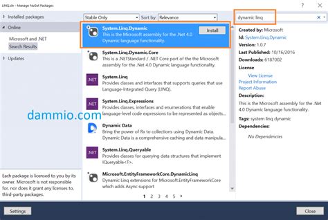 cài đặt thư viện dynamic linq trong dự án dammio