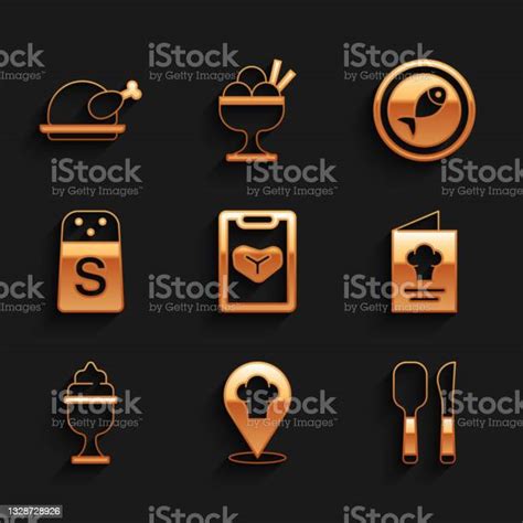 세트 레스토랑 카페 메뉴 위치 칼과 숟가락 쿡북 그릇에 아이스크림 소금 제공 생선 접시와 구운 칠면조 또는 치킨 아이콘요리사 모자 벡터 검은색에 대한 스톡 벡터 아트 및