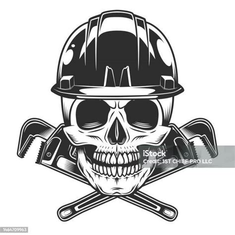 차체 공장 정비사 스패너 수리 도구 또는 가스 및 건축업자 배관 파이프용 건설 렌치가 있는 안전모를 쓴 빈티지 두개골 흑백