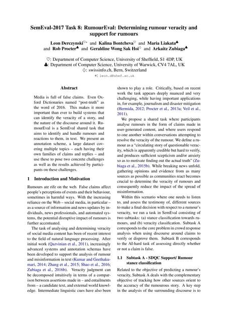 Semeval 2017 Task 8 Rumoureval Determining Rumour Veracity And Support For Rumours Pdf