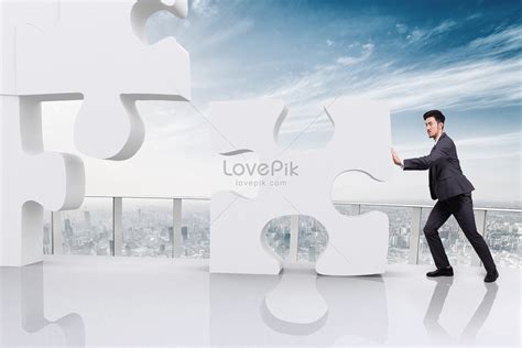 퍼즐을 미는 비즈니스 인물 배경 사진 및 창의적인 일러스트 무료 다운로드 Lovepik