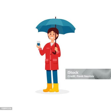 우산과 흰색 배경에 커피 만화 벡터 일러스트 레이 션의 컵 서 캐주얼 옷에 웃는 소녀 귀여운에 대한 스톡 벡터 아트 및 기타 이미지 귀여운 미소 방울 Istock