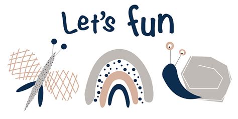 귀여운 엽서 로고를 위해 흰색 배경에 고립 된 직물 종이 직물 선물 랩을위한 스칸디나비아 스타일의 재미있는 나비 무지개 달팽이의 벡터 손으로 그린 일러스트 0명에 대한 스톡