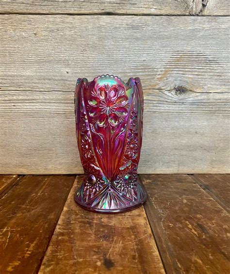 Vintage Red Carnival Glass Vase Vintage Imperial Glass Cosmos Etsy