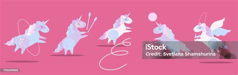 리듬 체조에서 귀여운 통통 유니콘 리본 공 후프 건너 뛰는 밧줄과 리듬 체조를하고 아기 조랑말의 집합 컬러 마젠타 배경에 플랫 만화 스타일 일러스트 0명에 대한 스톡 벡터