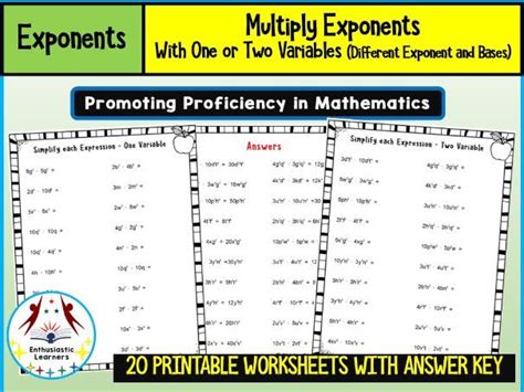 Multiplying Exponents With One And Two Variables Different Exponents And Bases Worksheets Math