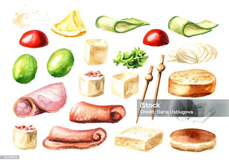 축제 테이블에 대한 전채 미니 카나페 재료 세트 흰색 배경에 격리 된 수채화 손으로 그린 그림 수채화에 대한 스톡 벡터 아트 및