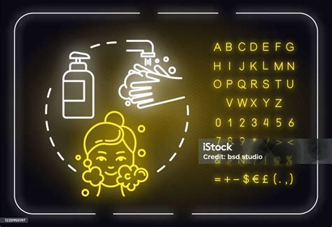 클렌징 모공 정화 네온 라이트 컨셉 아이콘 얼굴 피부 클렌저 사용 위생 절차 아이디어 알파벳 숫자 및 기호와 외부 빛나는 기호입니다 벡터 절연 Rgb 색상 일러스트레이션