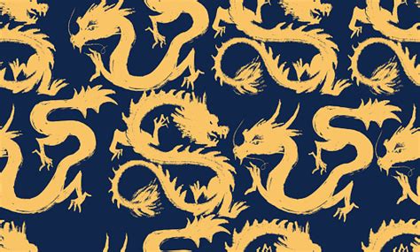 드래곤과 완벽 한 패턴 페인트 건조 페인트 및 브러시로 그린 손 그리기 벡터 금 일본식 와 심플한 드래곤 완벽한 패턴 벡터 일러스트 레이 션 0명에 대한 스톡 벡터 아트 및