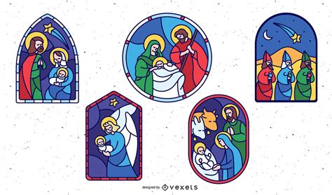 Stained Glass Nativity Design Set Vector Download