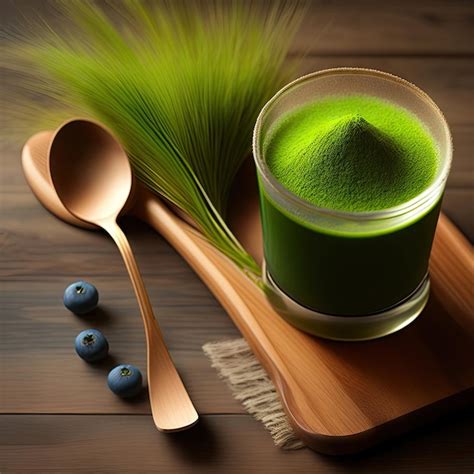 Premium Ai Image Dried Wheatgrass Powder On A Wooden Spoon And Glass