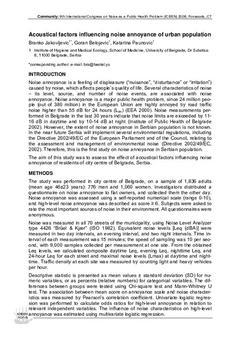 Pdf Road Traffic Noise And Factors Influencing Noise Annoyance In An Urban Population