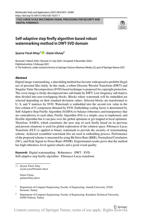 self adaptive step firefly algorithm based robust watermarking method in dwt svd domain