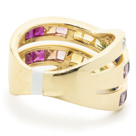 18 Karat Yellow Gold Rainbow Sapphire And Diamond Bypass Ring The