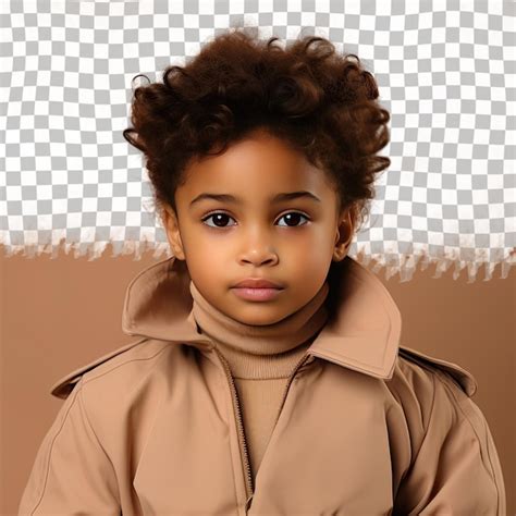 아프리카 인종의 짧은 머리카락을 가진 재미있는 어린이 소녀는 농부 의상을 입고 파스텔 베이지 배경에 재 ⁇ 목걸이를 들고 포즈를 취합니다 프리미엄 Psd 파일