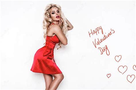 Valentine Beautiful Girl In Red Dress On White Background Beautiful Happy Young Woman On