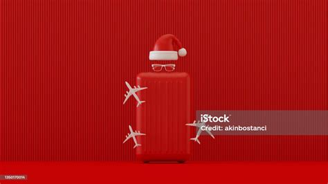 빨간 배경에 가방 수하물 비행기와 산타 모자크리스마스 여행 휴가 개념 0명에 대한 스톡 사진 및 기타 이미지 0명 3차원 형태 Bon Voyage Istock