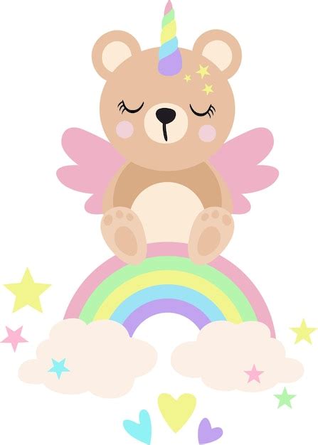 Premium Vector Funny Teddy Bear On Magic Rainbow