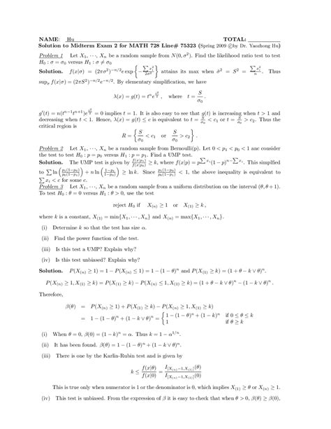 Solution To Midterm Exam For Statistical Theory Math 728 Docsity