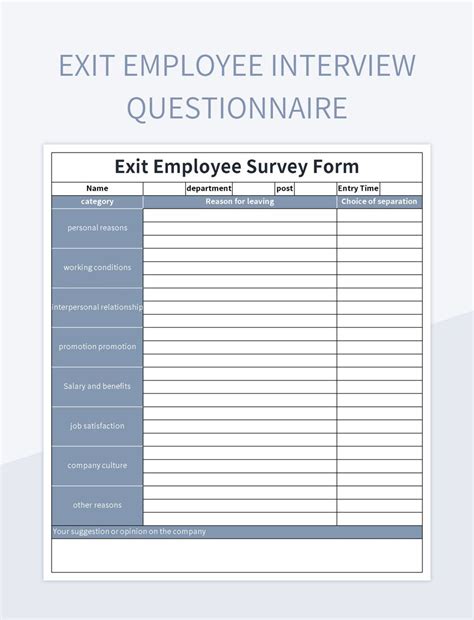 Exit Employee Interview Questionnaire Excel Template And Google Sheets File For Free Download