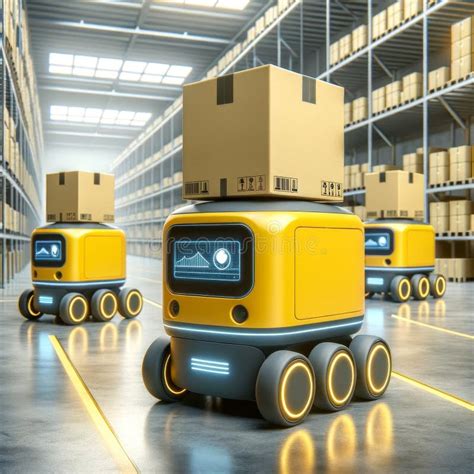 Autonomous Yellow Robots With Packages In Futuristic Warehouse Setting Smart Logistics Ai