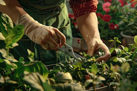 Gardener Pruning Plants With Garden Scissors Premium Ai Generated Image